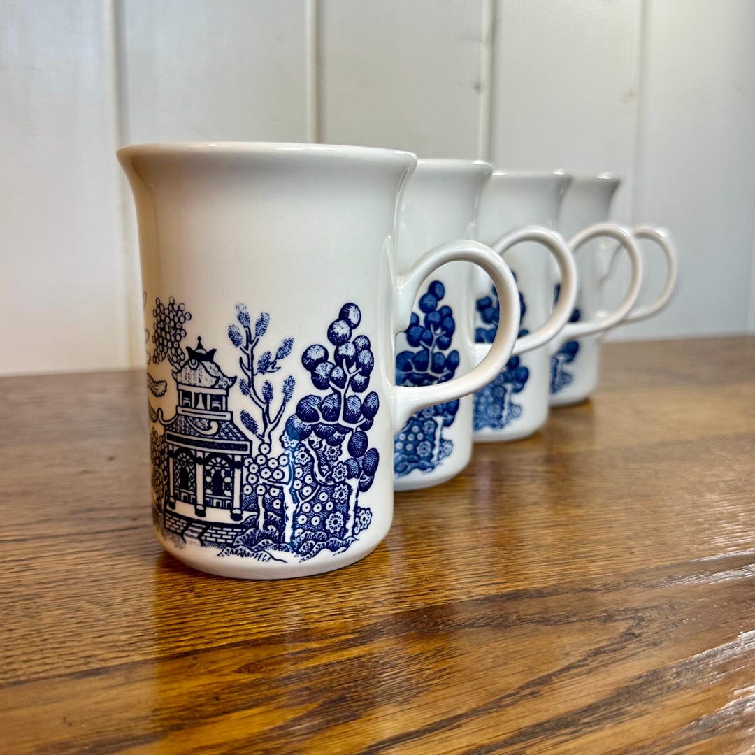 Blue Willow Tall Coffee Mugs Set of 4 Vintage Churchill China Made in ...