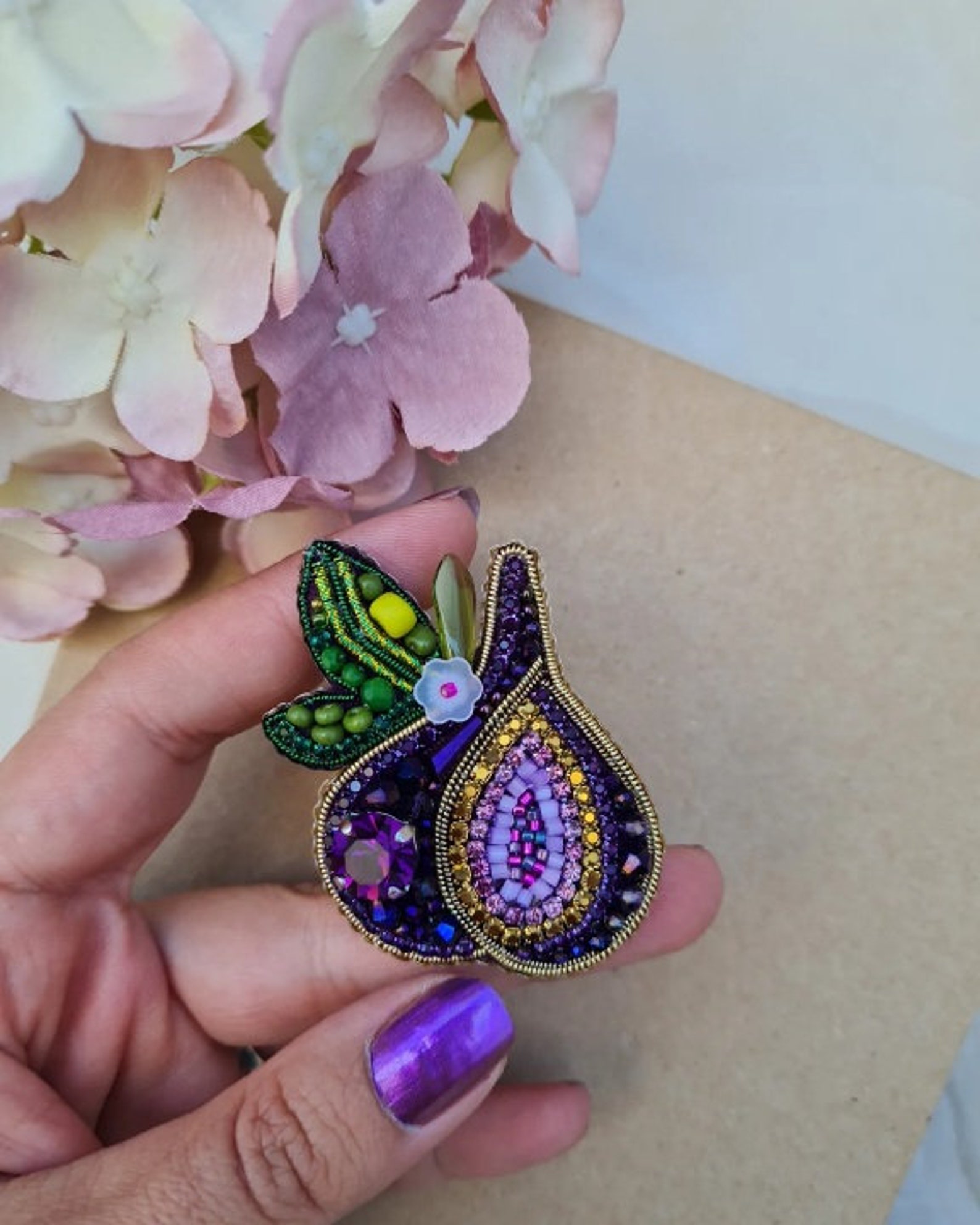 Handmade Embroidered Fig Brooch: Beaded Fruit Jewelry - Etsy
