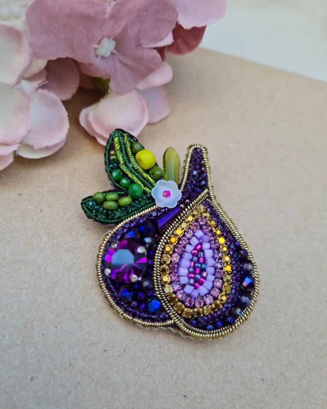 Handmade Embroidered Fig Brooch: Beaded Fruit Jewelry - Etsy