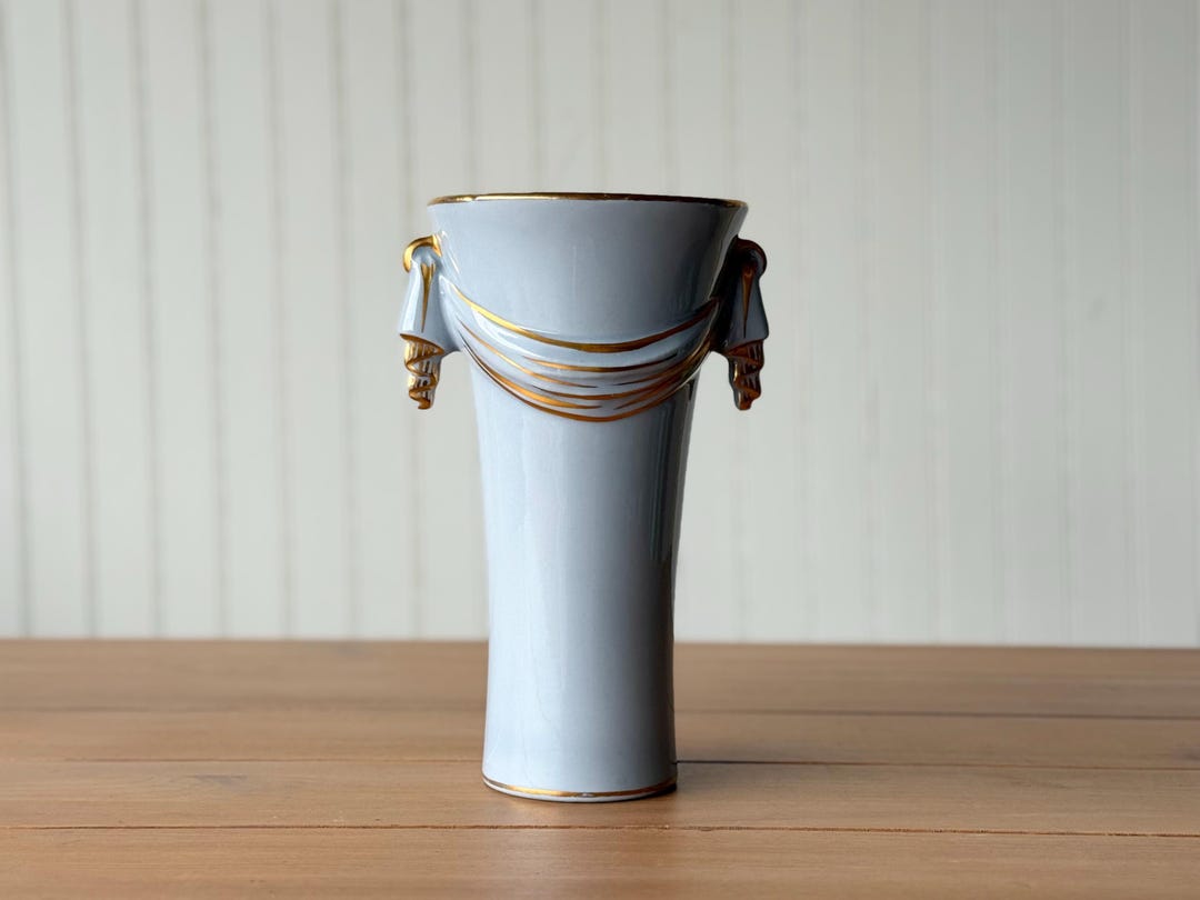 10" Vintage 1940’s Chadwick China Co, Soft Blue and Gold Trumpet Vase ...