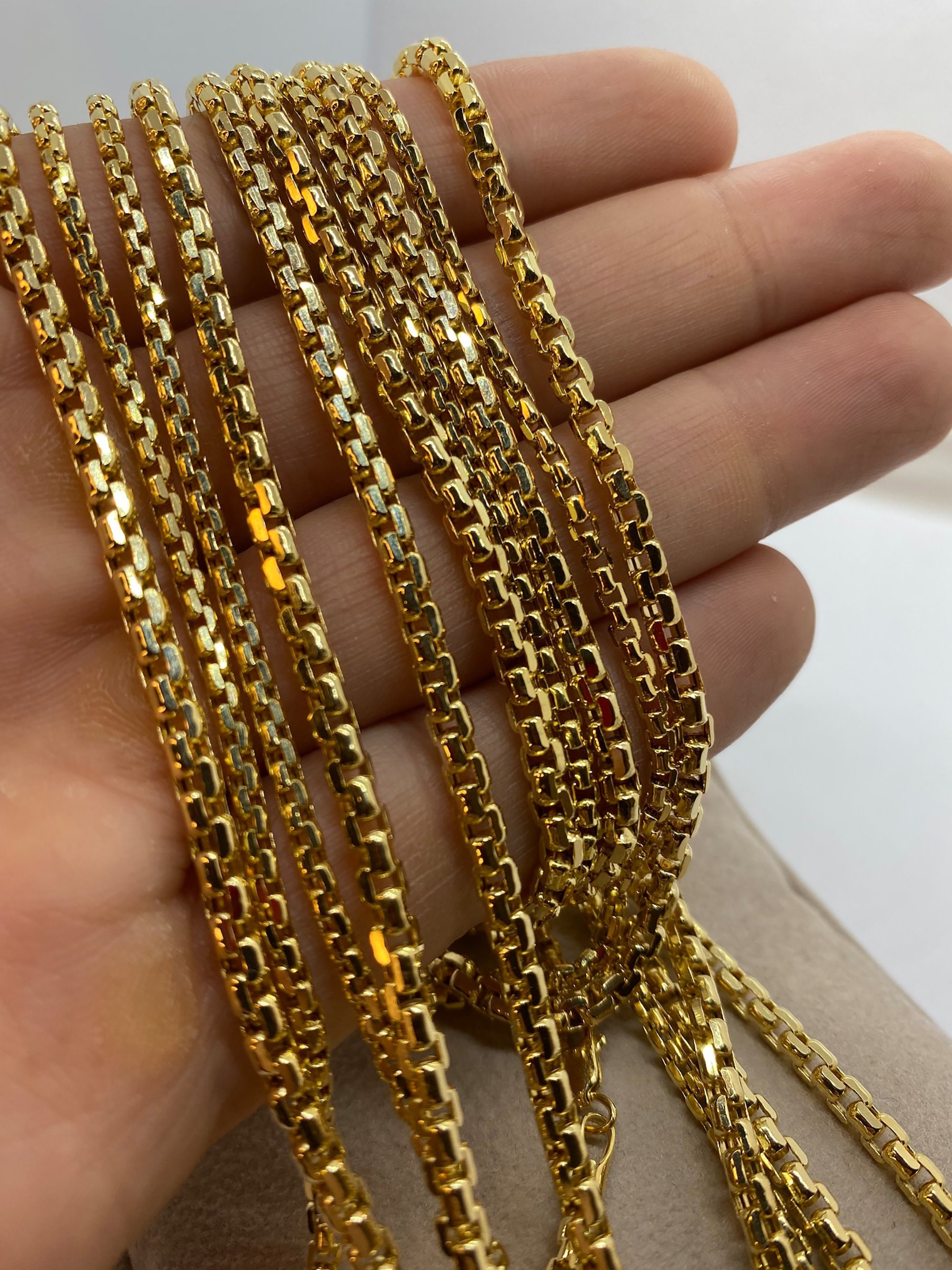 14K Solid Gold Round Box Chain Necklace, 20,22 ,24,27 Inches ,3.55mm,2 ...