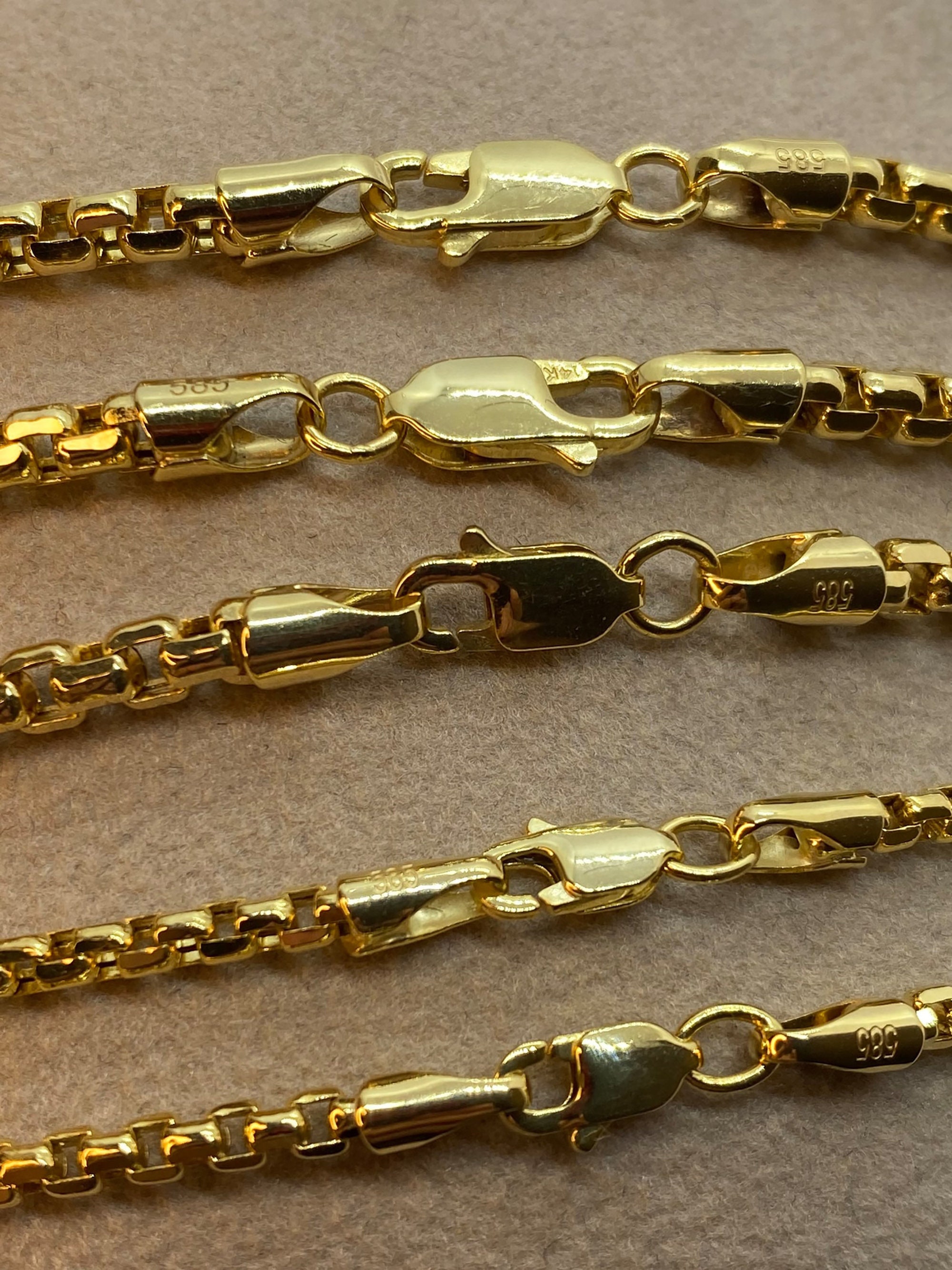 14K Solid Gold Round Box Chain Necklace, 20,22 ,24,27 Inches ,3.55mm,2 ...