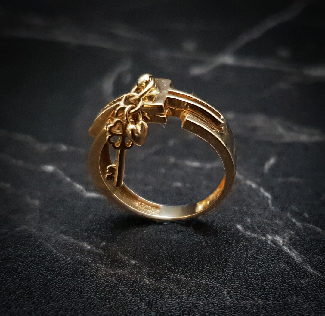 18K Real Gold Ring With Key and Heart, Best Gift for Her, Birthday Gift ...