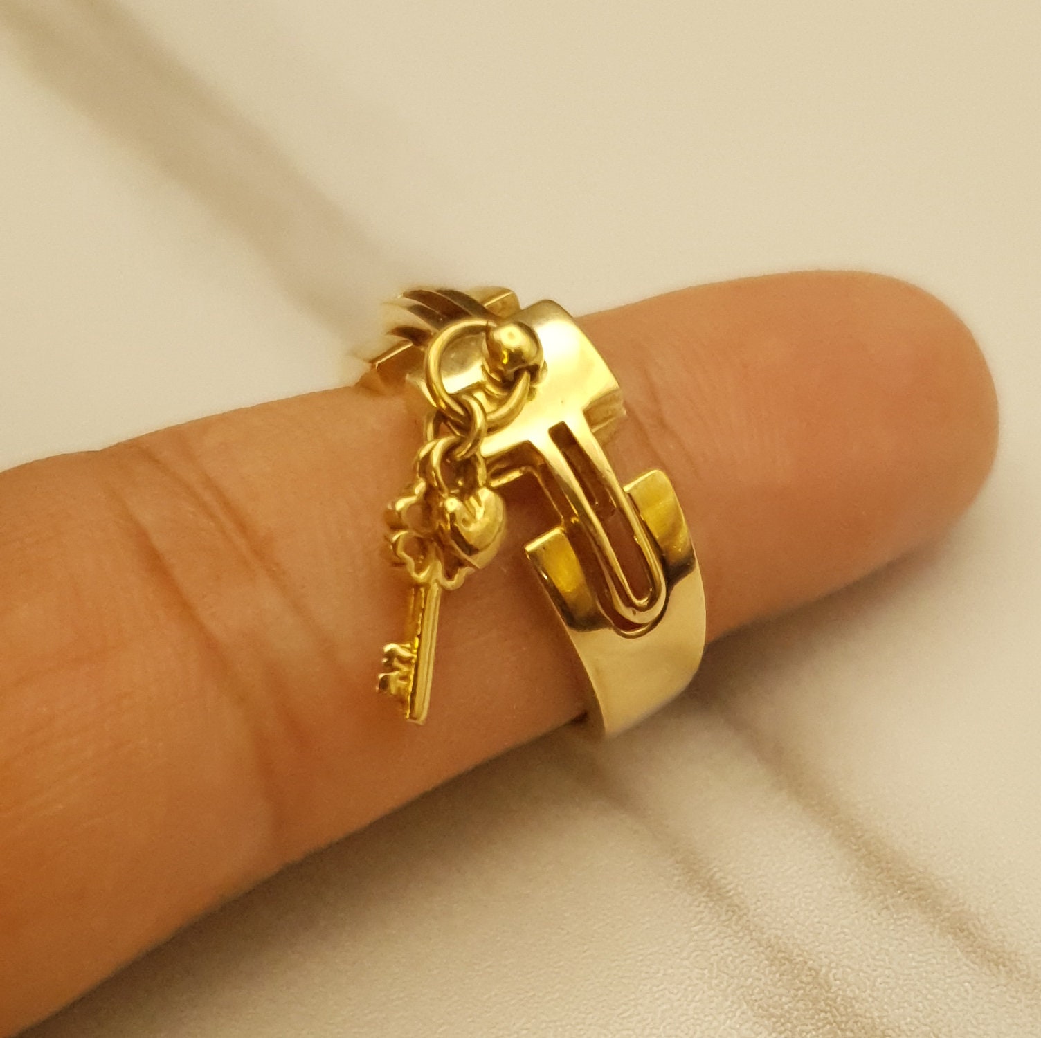 18K Real Gold Ring With Key and Heart, Best Gift for Her, Birthday Gift ...