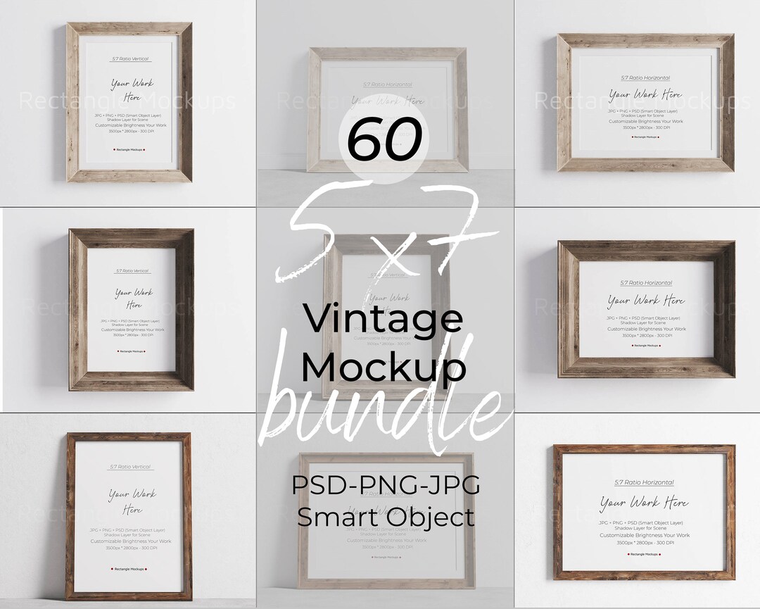 60 Frame Mockup Bundle, 5x7 Mockup Bundle, Rustic Frame Mockup Bundle ...