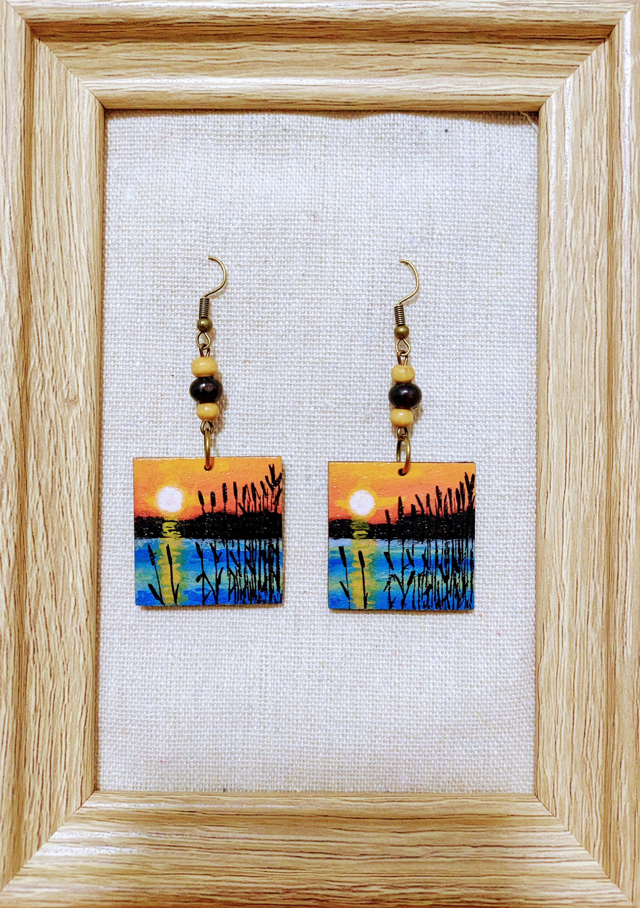 Handpainted Wooden Earrings With Lake Landscape and Sunset Painted ...