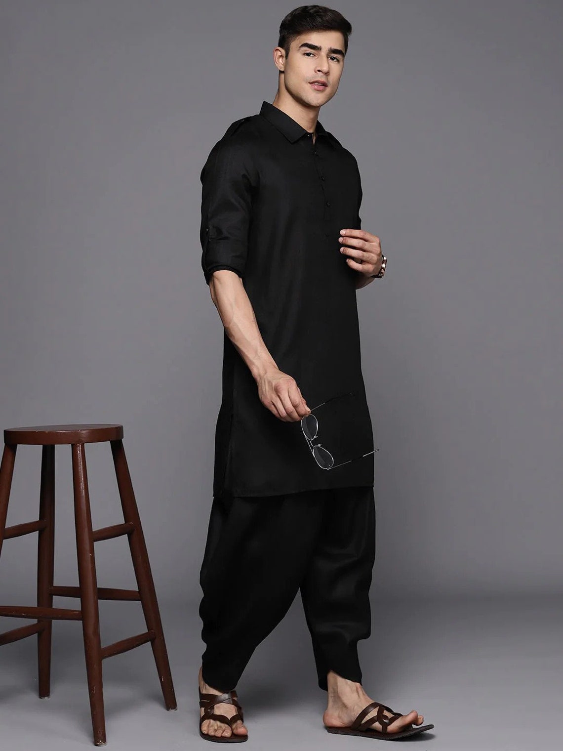 Mens Pathani Linen Blend Kurta With Dhoti Pants Indian Pathani Kurta ...