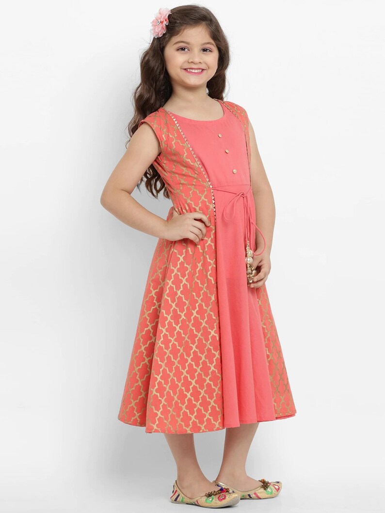 Girls Ethnic Motifs Foil Printed A-line Midi Dress Cotton Pink Party ...