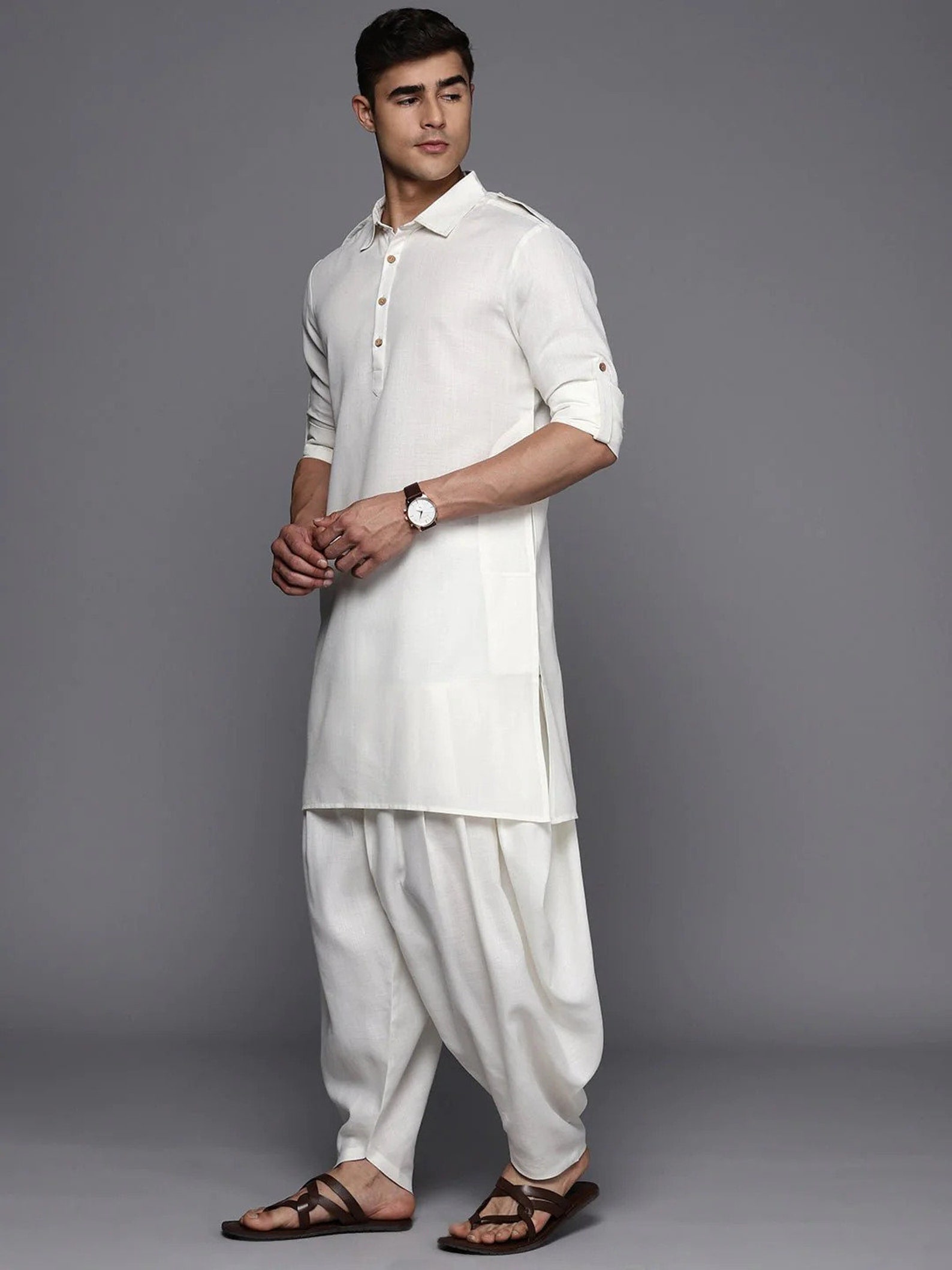 Mens Pathani Linen Blend Kurta With Dhoti Pants Indian Pathani Kurta ...