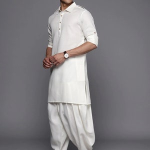 Mens Pathani Linen Blend Kurta With Dhoti Pants Indian Pathani Kurta ...