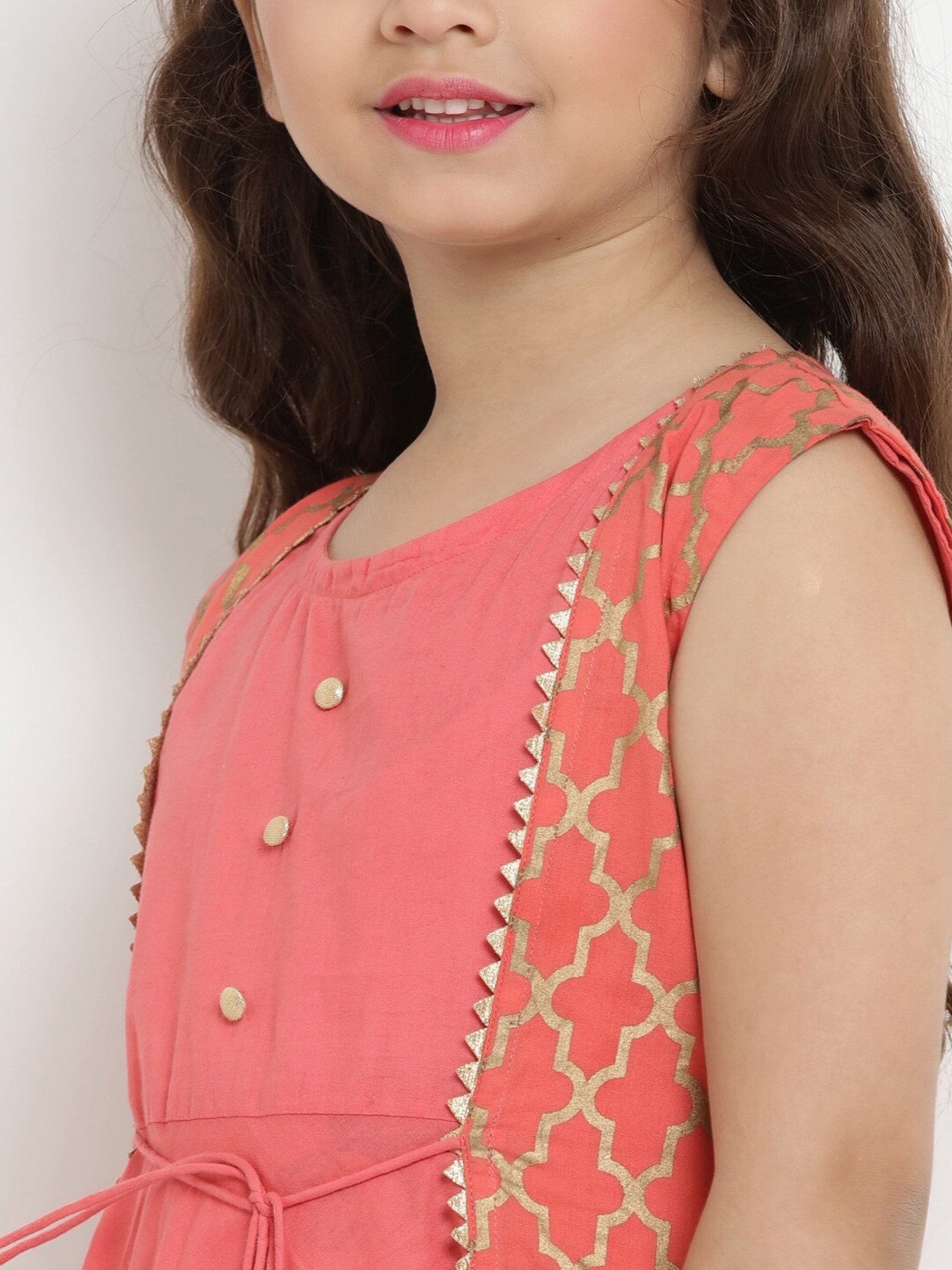 Girls Ethnic Motifs Foil Printed A-line Midi Dress Cotton Pink Party ...