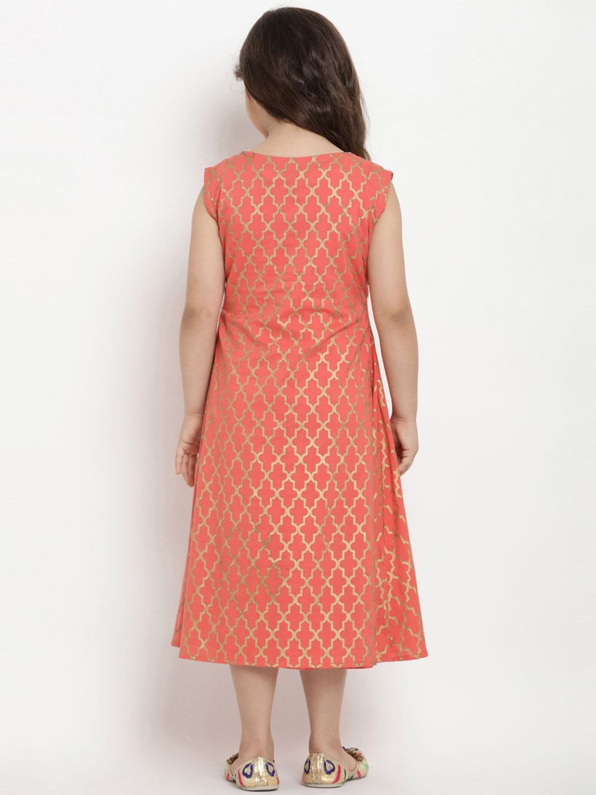 Girls Ethnic Motifs Foil Printed A-line Midi Dress Cotton Pink Party ...