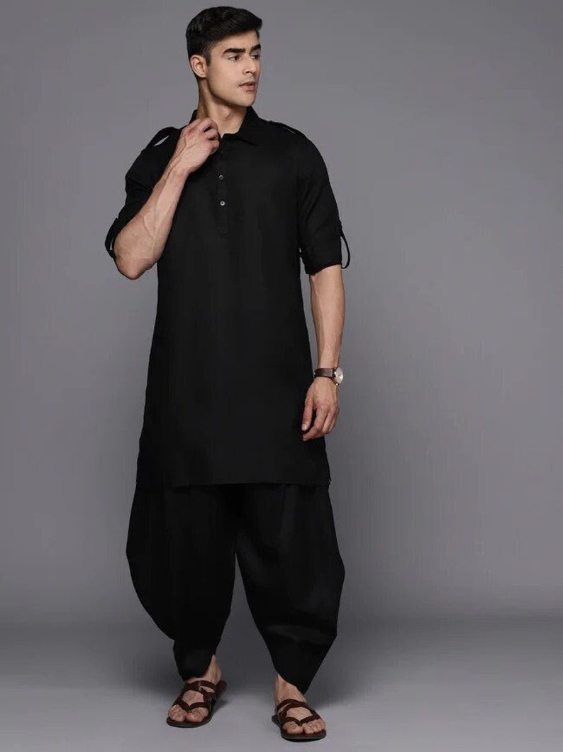 Mens Pathani Linen Blend Kurta With Dhoti Pants Indian Pathani Kurta ...