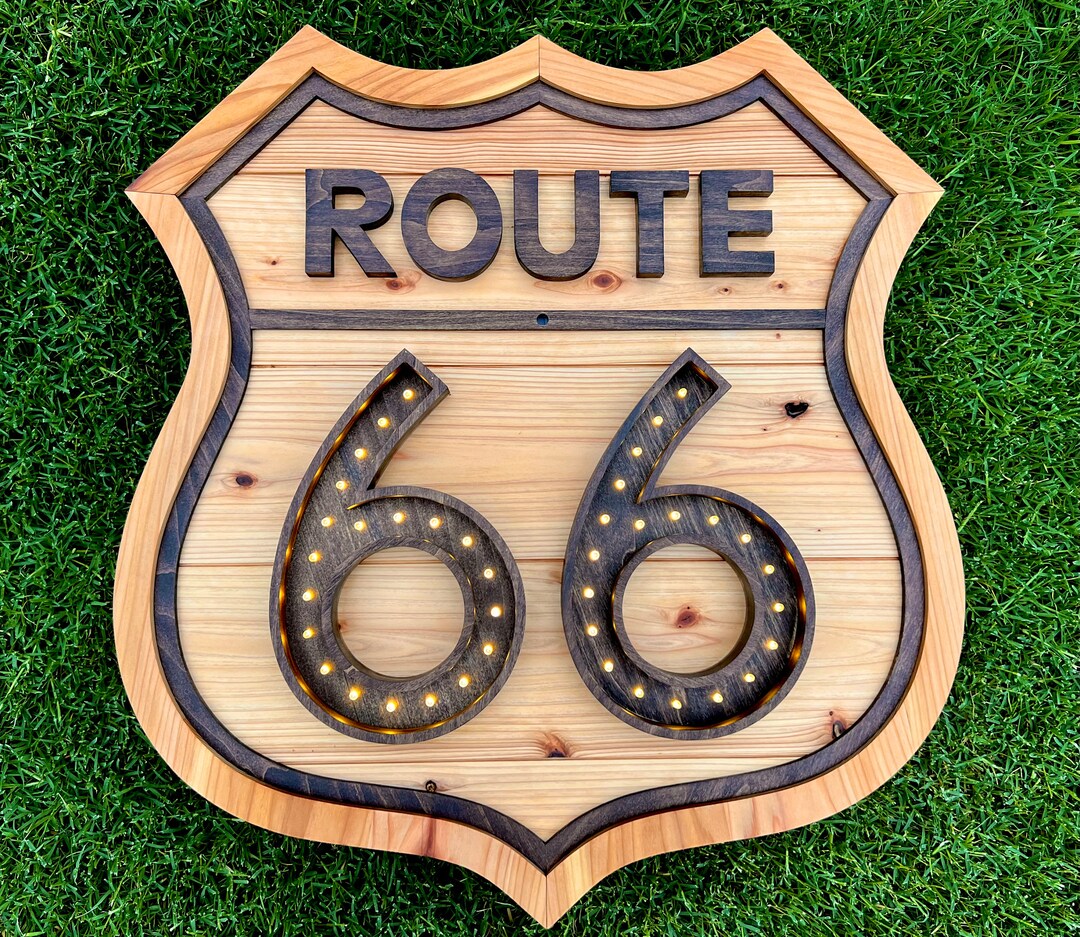 Route 66 Rustic Handcrafted Wood Marquee Sign, LED Remote Battery ...