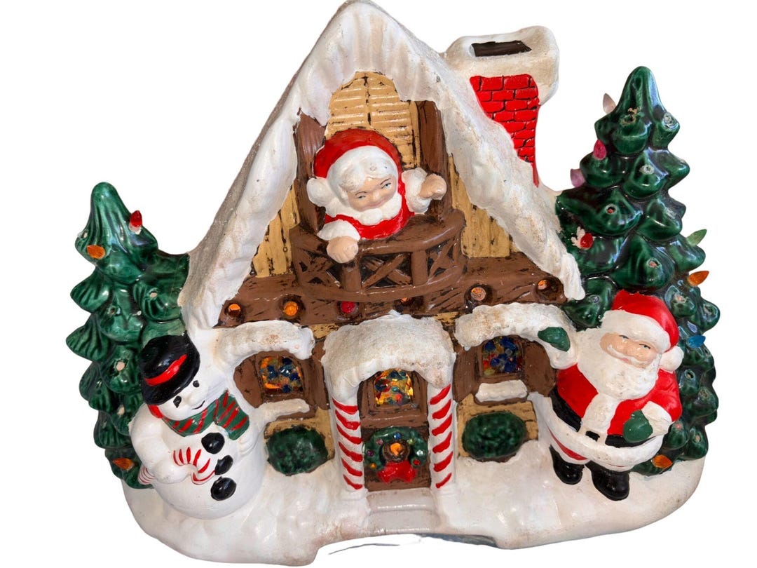 Ceramic Christmas Light up Hand Painted Cottage 1980's Santas, Snowman ...