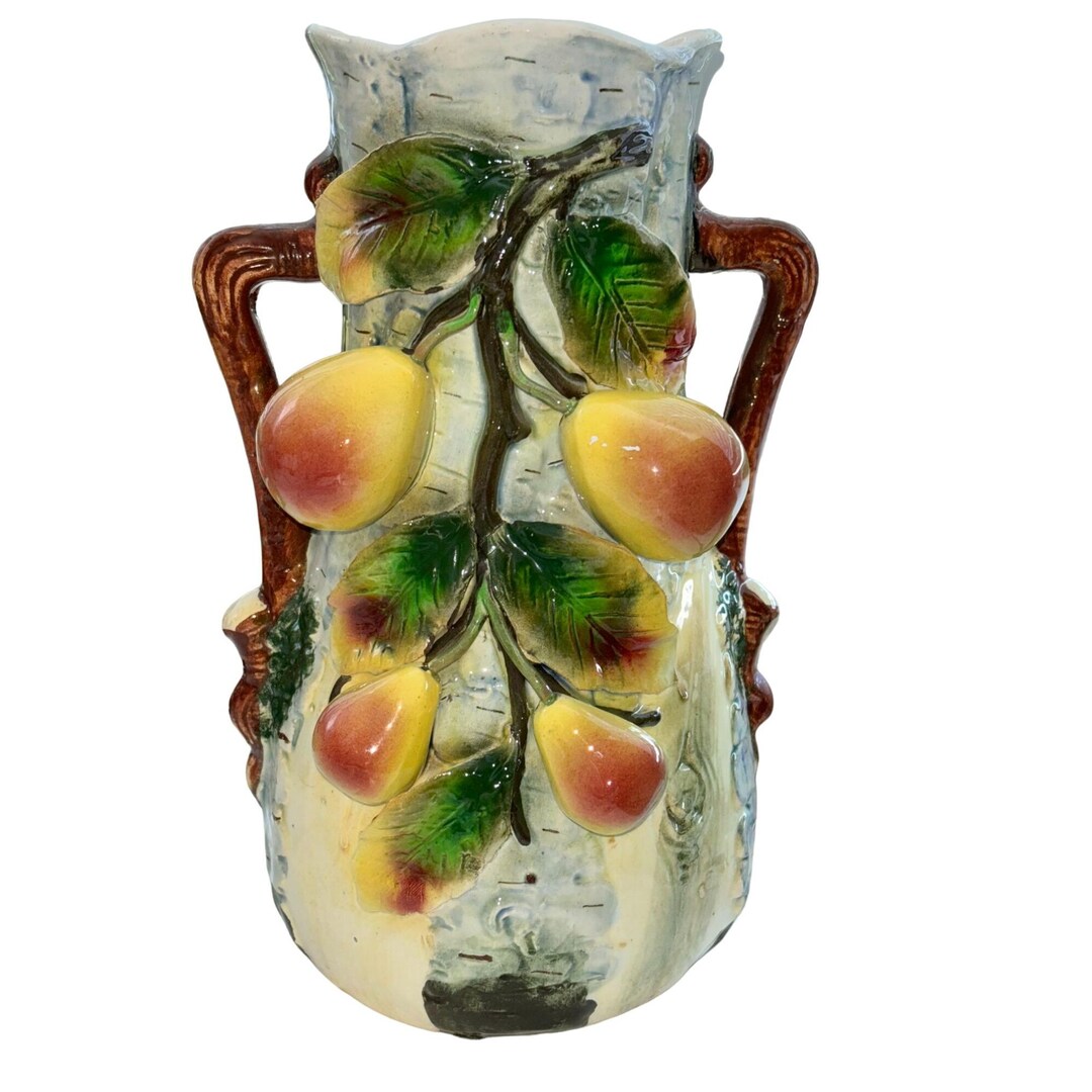 Antique Majolica Birch Tree Vase With Applied Pears and Leaves 11 - Etsy