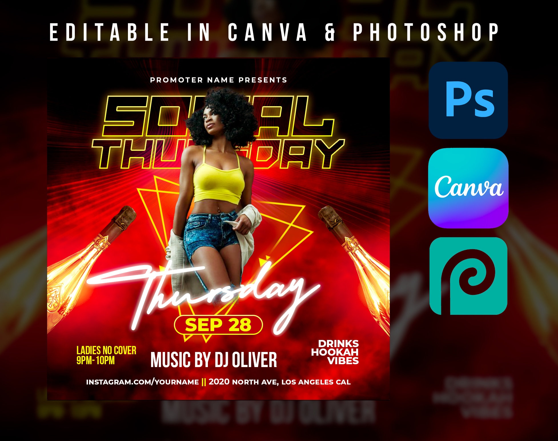 Social Thursday Flyer Template for Canva & Photoshop. DIY Urban Flyer ...