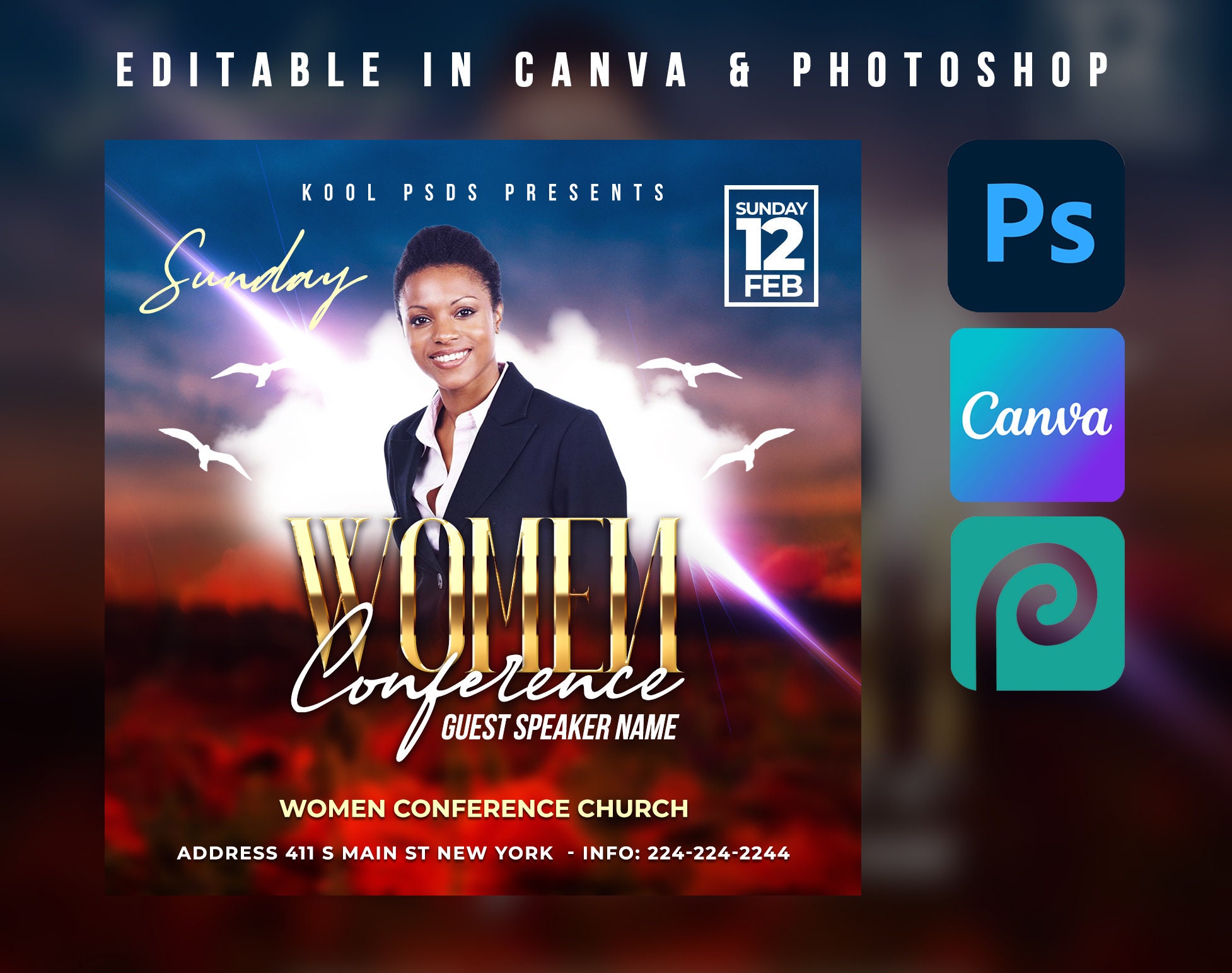 Women Church Conference Flyer for Canva & Photoshop. Poster, Social ...