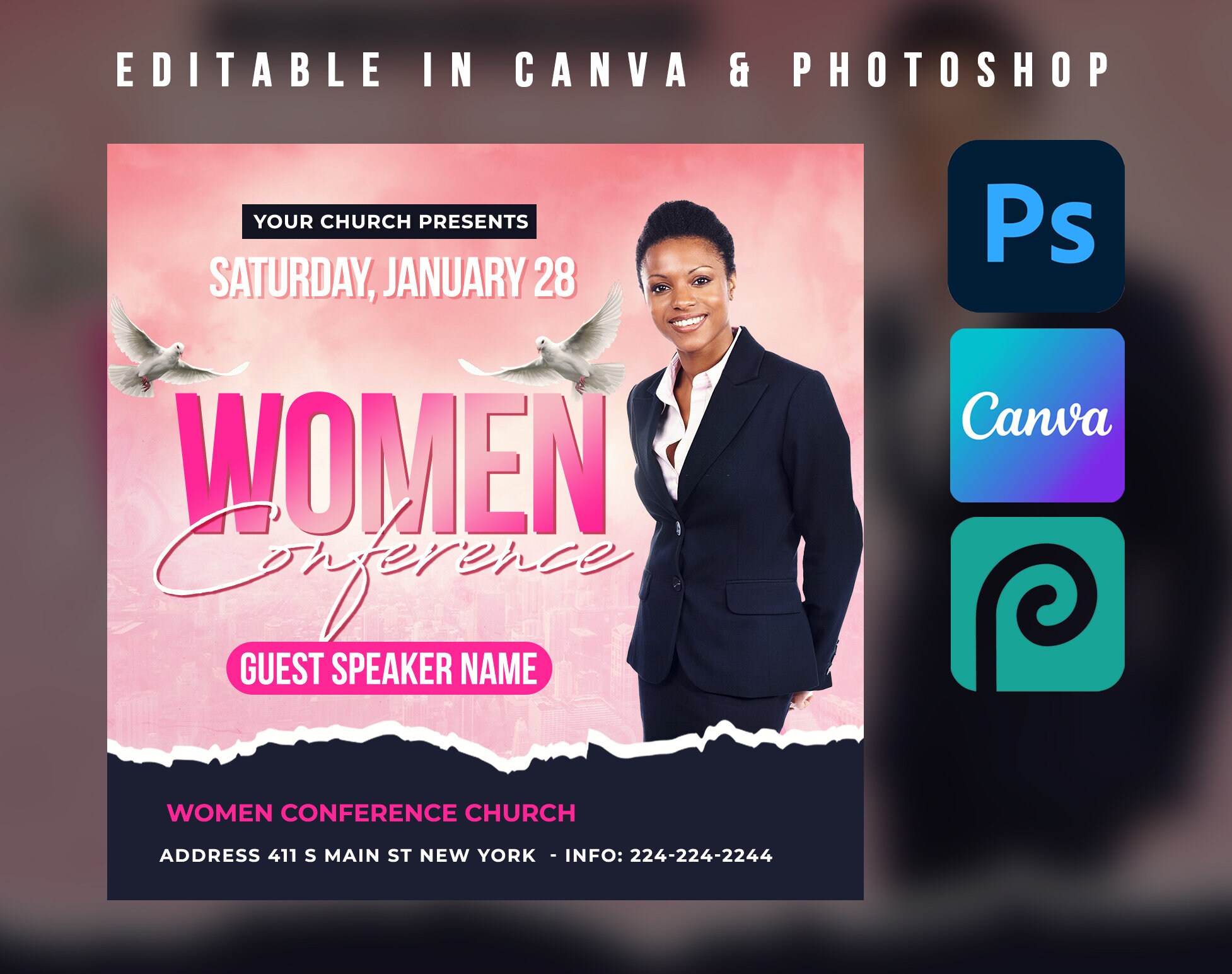 Women Church Conference Flyer for Canva & Photoshop. Poster, Social ...