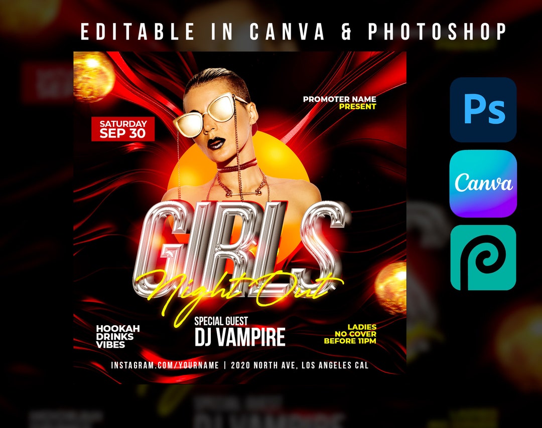 Girls Night Out Flyer Template for Canva & Photoshop. DIY Urban Flyer ...
