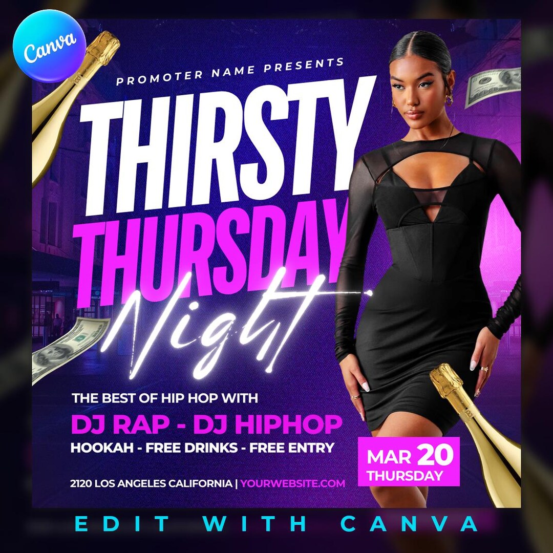 Thirsty Thursday, Club Party Flyer Template for Canva, Photoshop, DIY ...