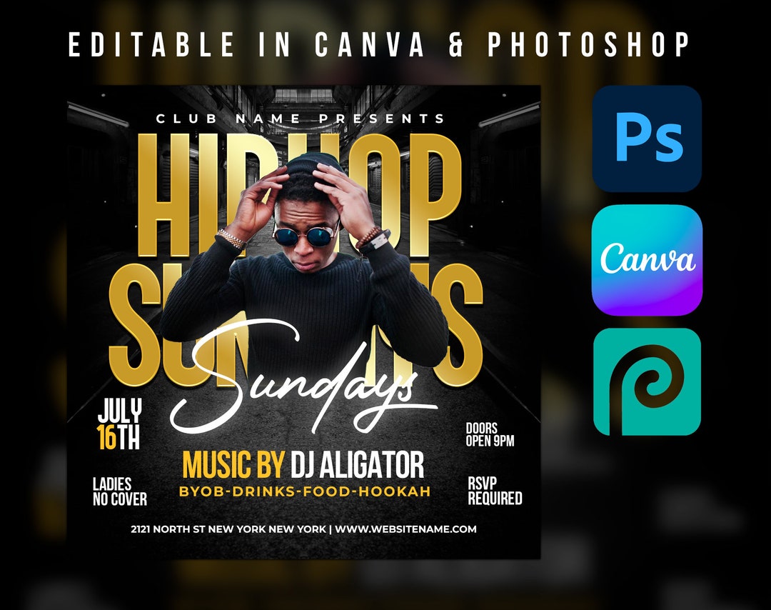 Hip Hop Flyer Template for Canva & Photoshop. DIY Urban Flyer, Poster ...