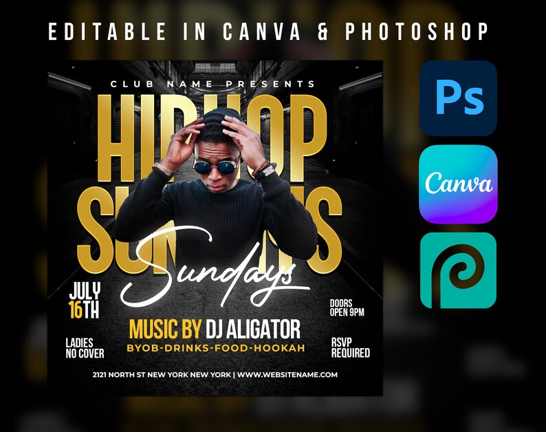 Hip Hop Flyer Template for Canva & Photoshop. DIY Urban Flyer, Poster ...