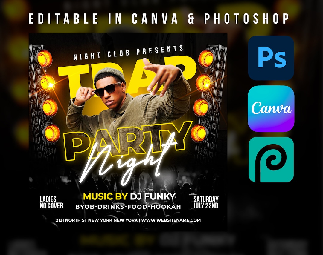 Trap Party Night Flyer Template for Canva & Photoshop. DIY Urban Flyer ...