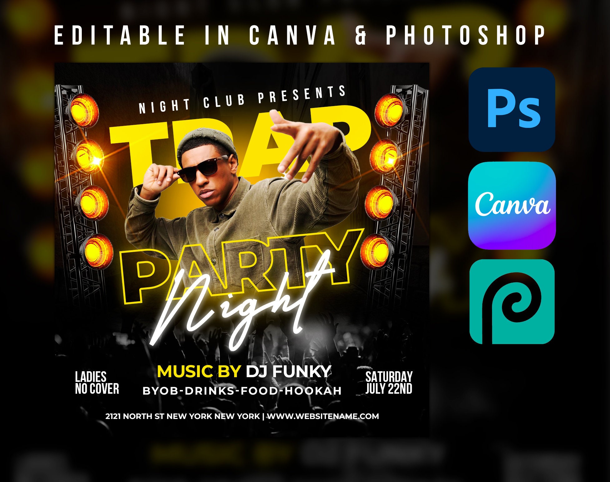Trap Party Night Flyer Template for Canva & Photoshop. DIY Urban Flyer ...