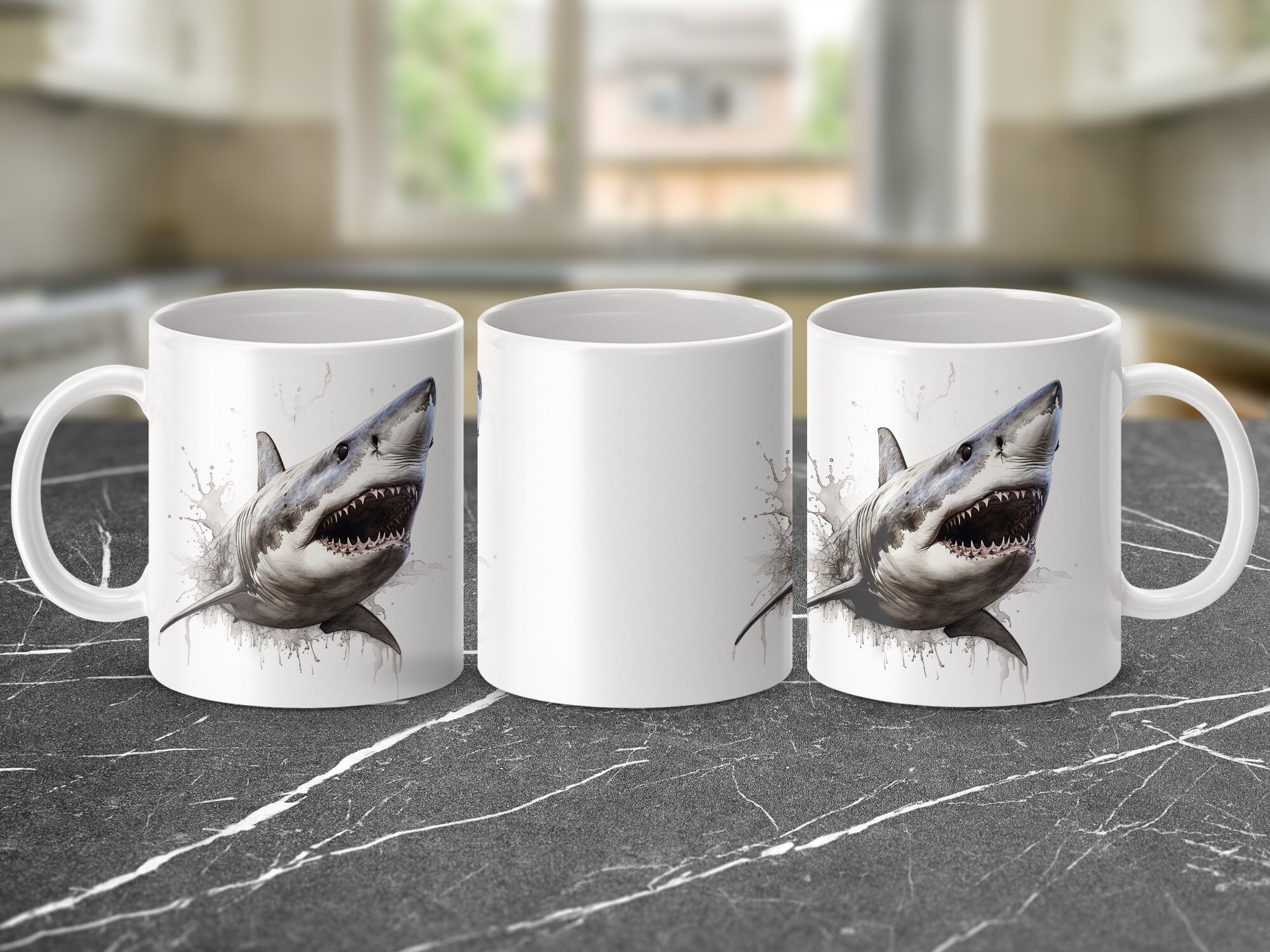 Great White Shark Coffee Mug, Ocean Predator Shark Artistic Cup, Unique ...