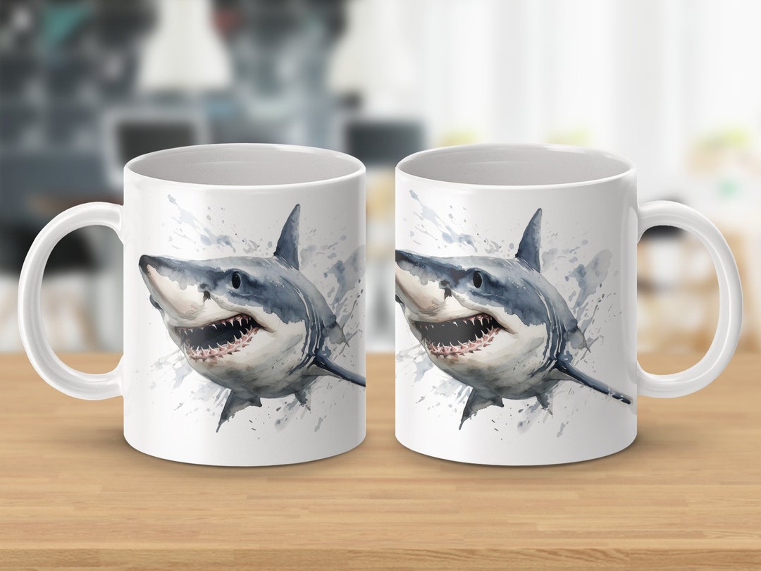 Great White Shark Coffee Mug, Ocean Predator Watercolor Print, Marine ...