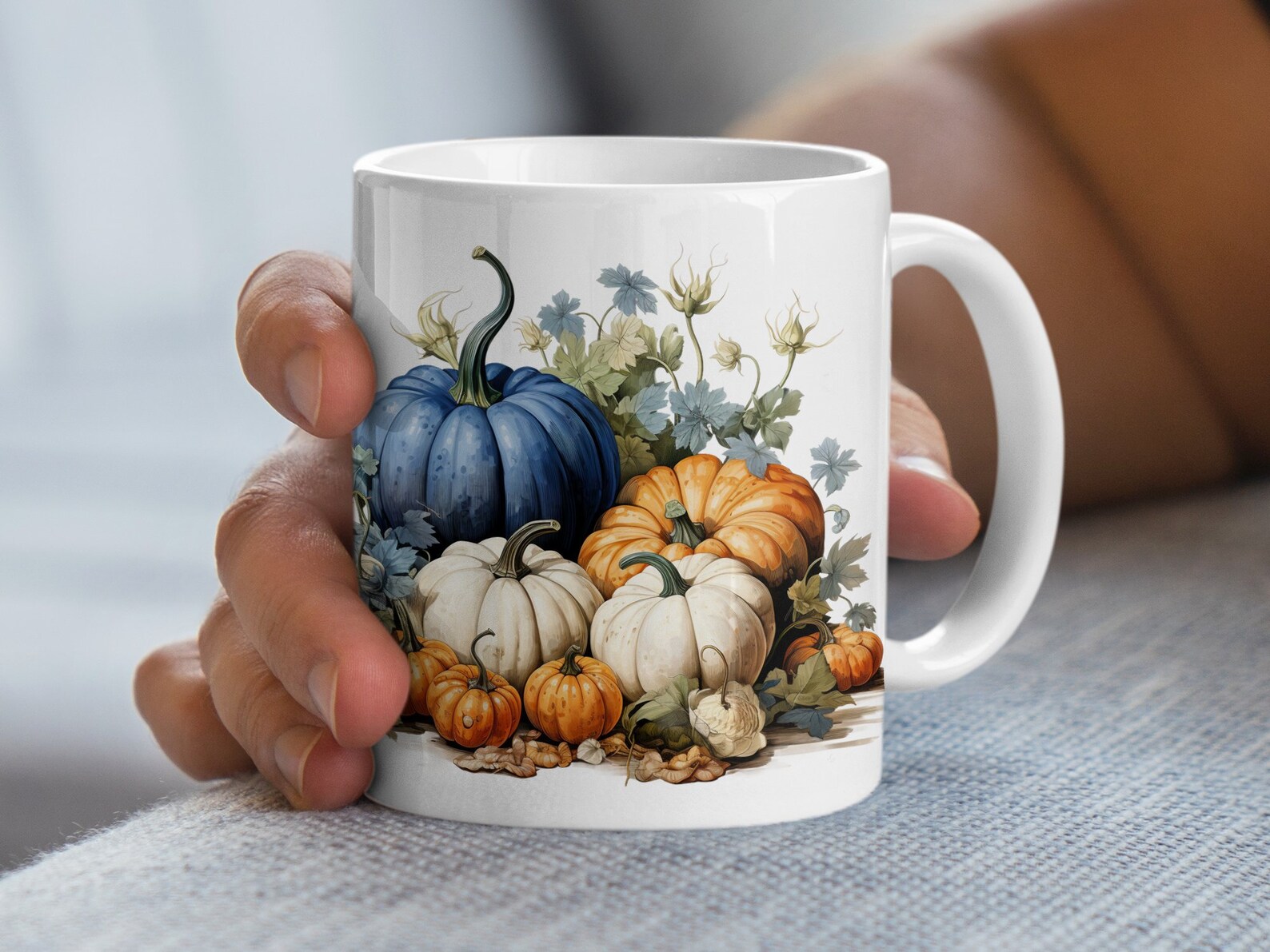 Autumn Halloween Pumpkin Coffee Mug, Fall Harvest Pumpkins Mug, Blue ...