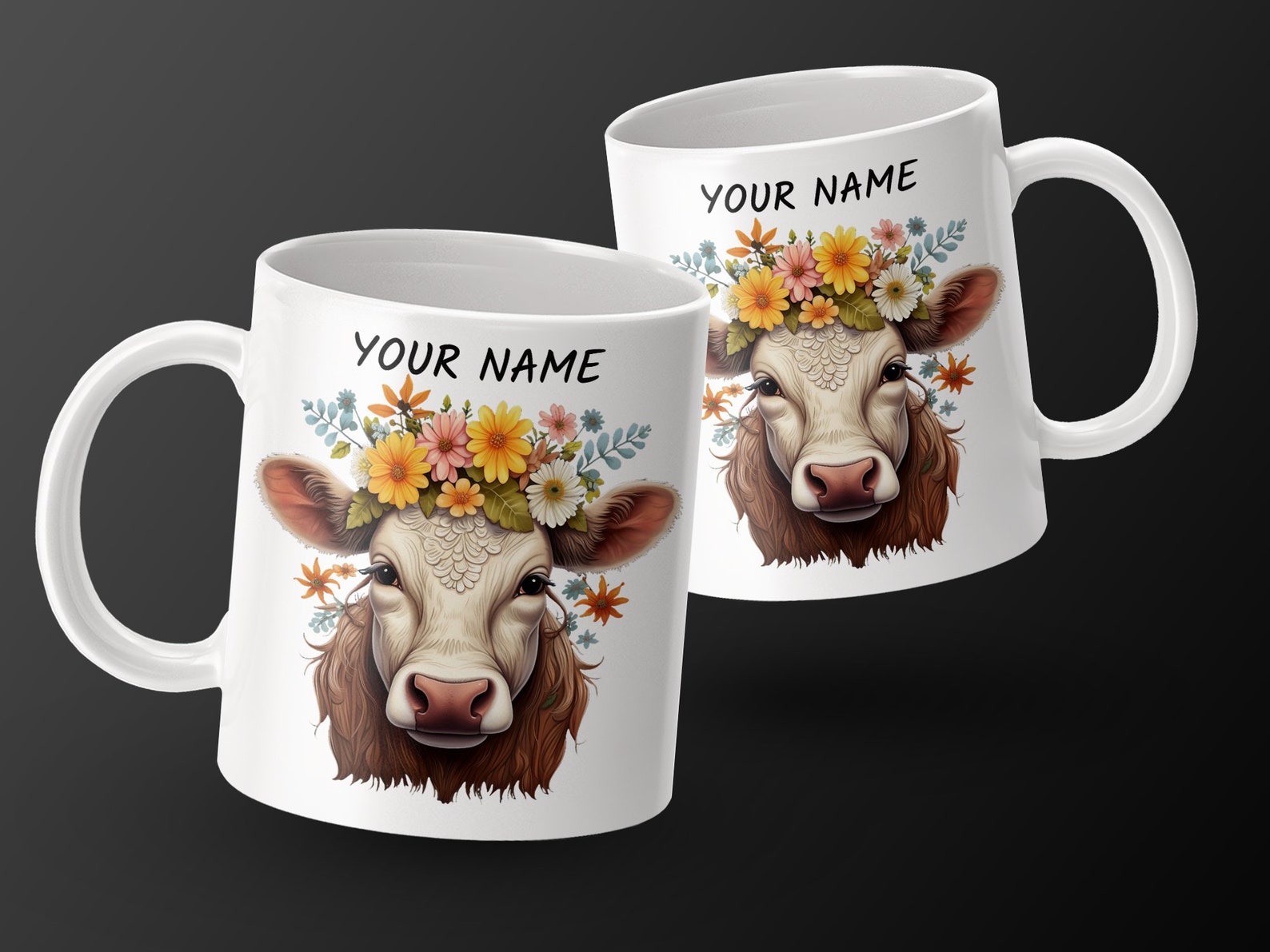 Personalized Cow Mug With Floral Crown Custom Name Coffee Mug Galician ...
