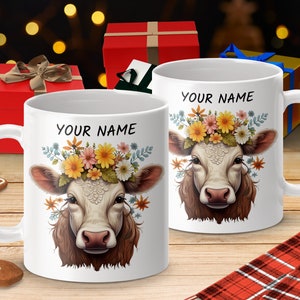Personalized Cow Mug With Floral Crown Custom Name Coffee Mug Galician ...
