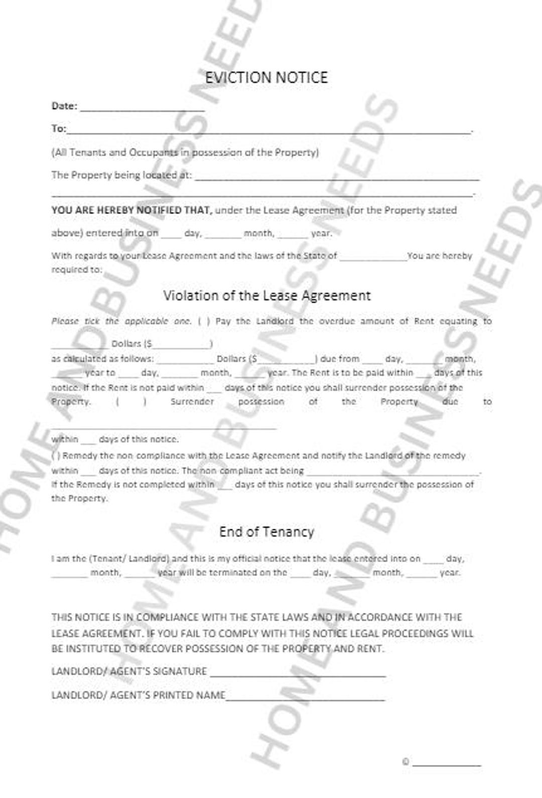 Eviction Notice Template | Notice to Vacate | Lease Violation Letter ...