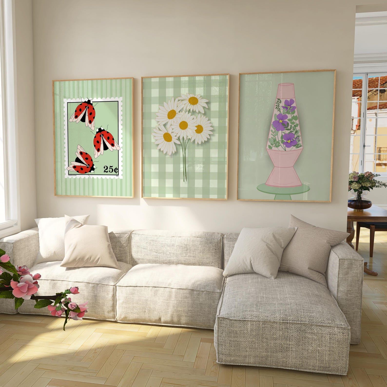 Sage Green Wall Art Set of 3, Cute Ladybug Print, Daisy Gingham Decor ...