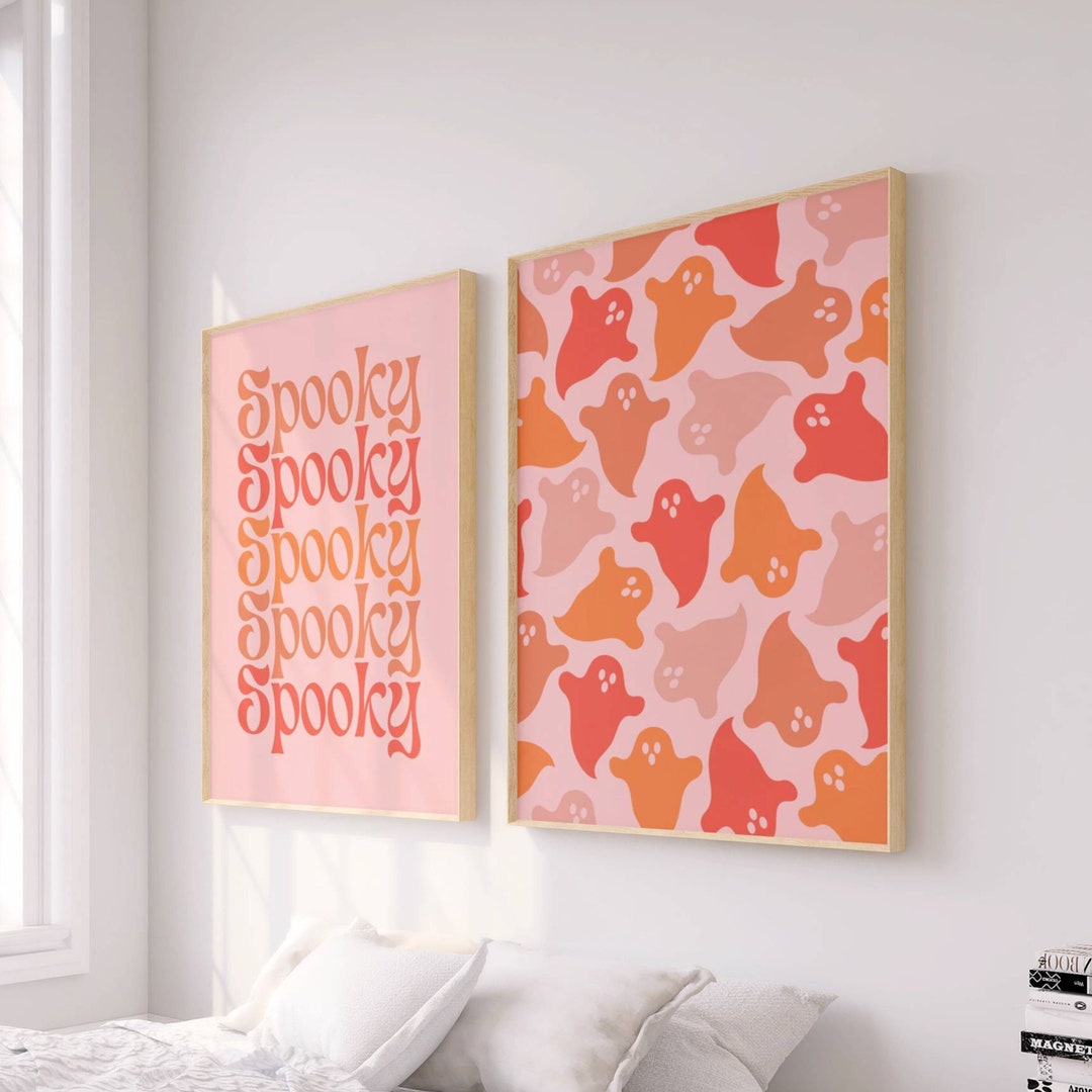 Pink Halloween Decor Cute Ghost Wall Art Spooky Art Print Girly