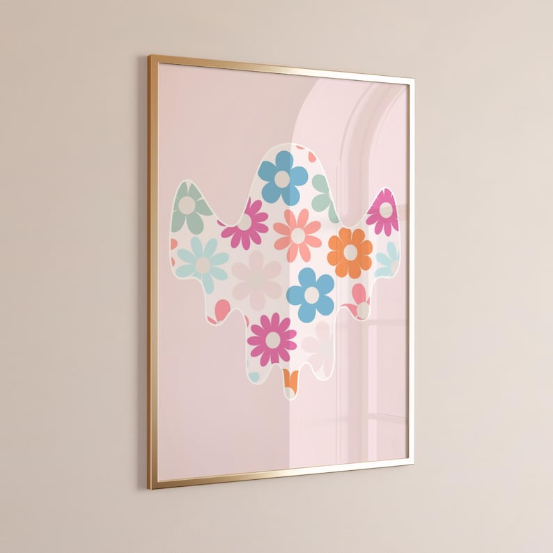 Pink Halloween Wall Art Printable, Floral Ghost Art Print for ...