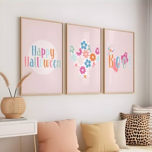 Pink Halloween Wall Art Set of 3, Floral Ghost Print, Cute Spooky Decor ...