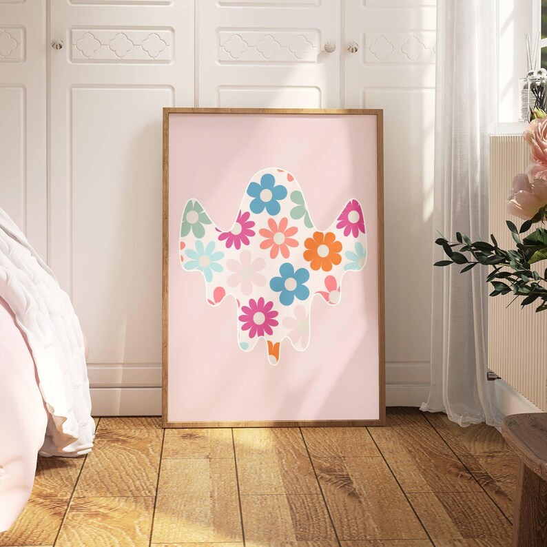 Pink Halloween Wall Art Printable, Floral Ghost Art Print for ...