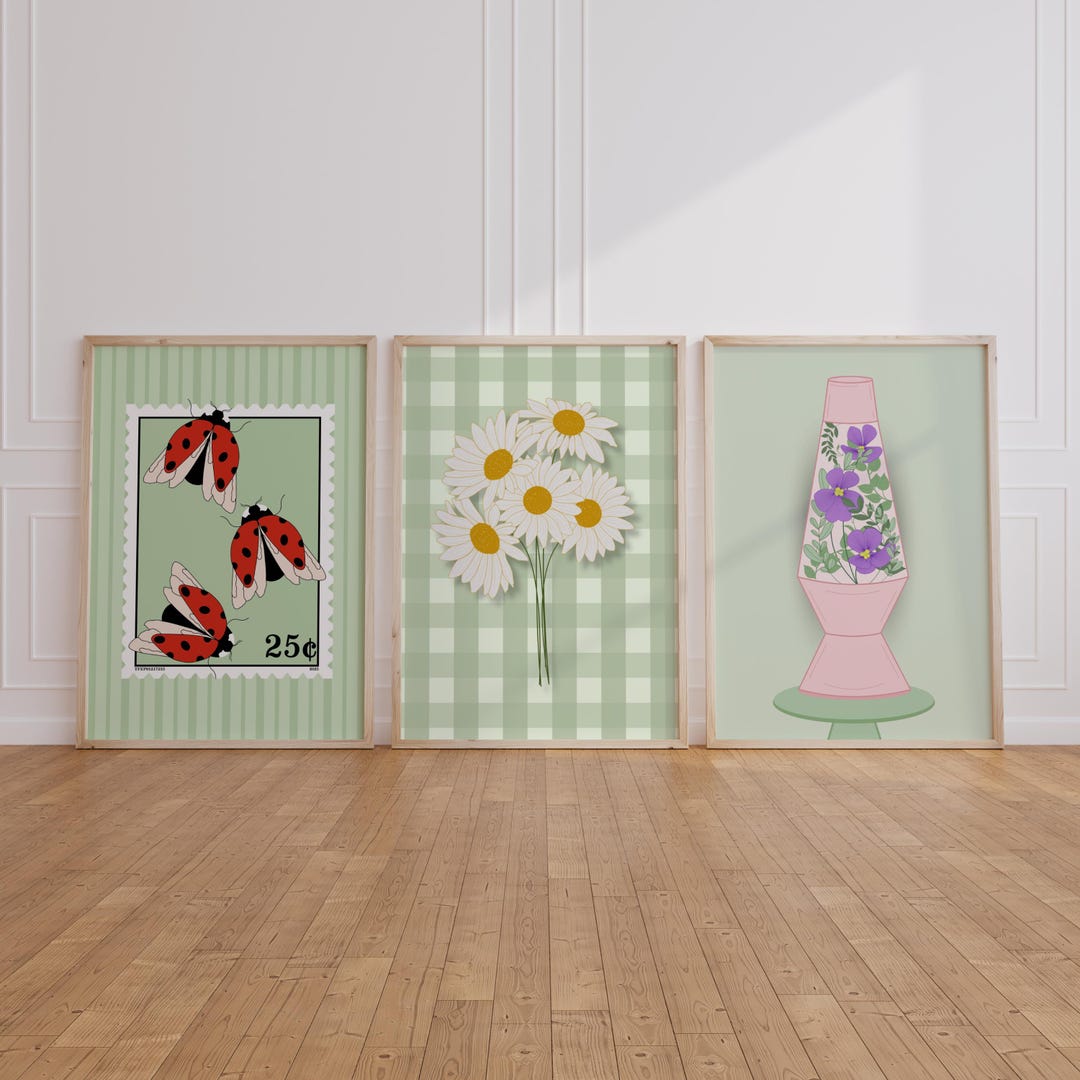 Sage Green Wall Art Set of 3, Cute Ladybug Print, Daisy Gingham Decor ...