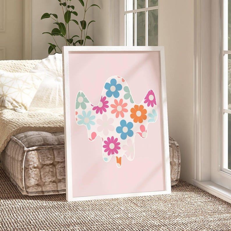 Pink Halloween Wall Art Printable, Floral Ghost Art Print for ...