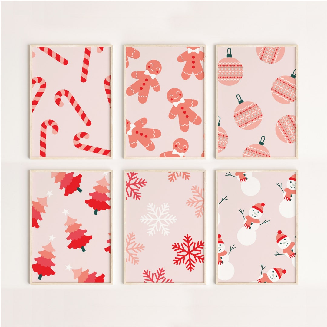 Pink Christmas Gallery Wall Set of 6 Prints, Cute Holiday Wall Art ...