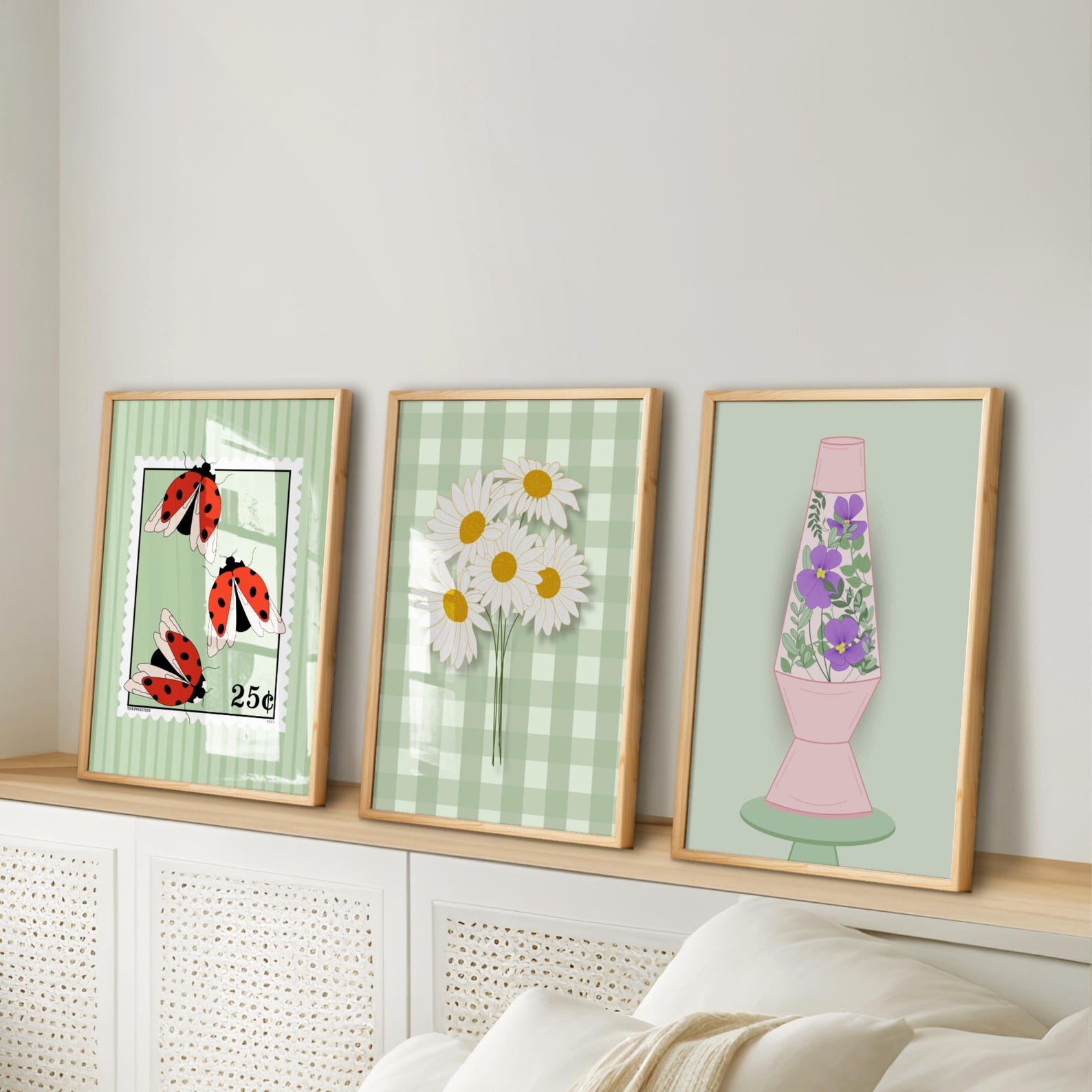 Sage Green Wall Art Set of 3, Cute Ladybug Print, Daisy Gingham Decor ...