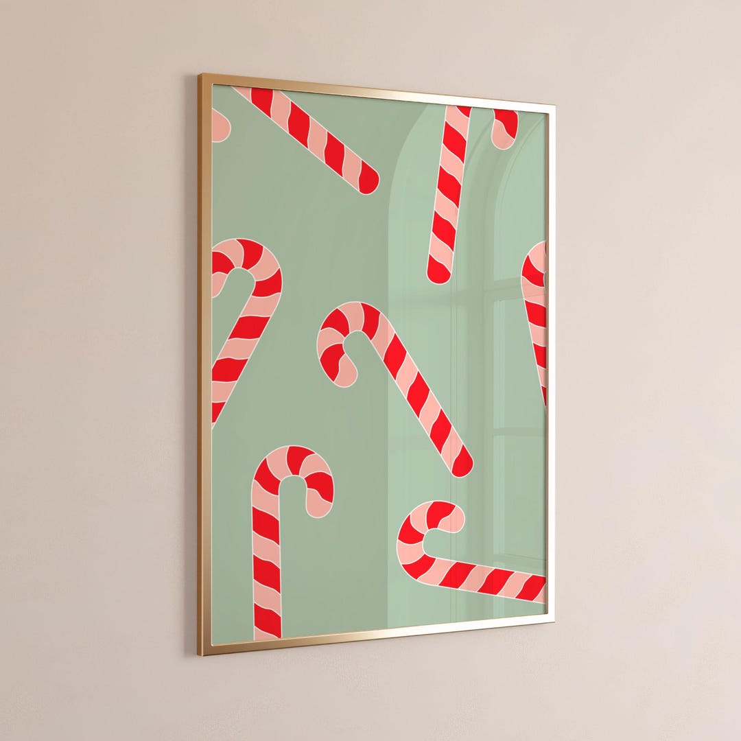 Cute Candy Cane Wall Art Print, Pink Christmas Decor, Trendy Xmas ...