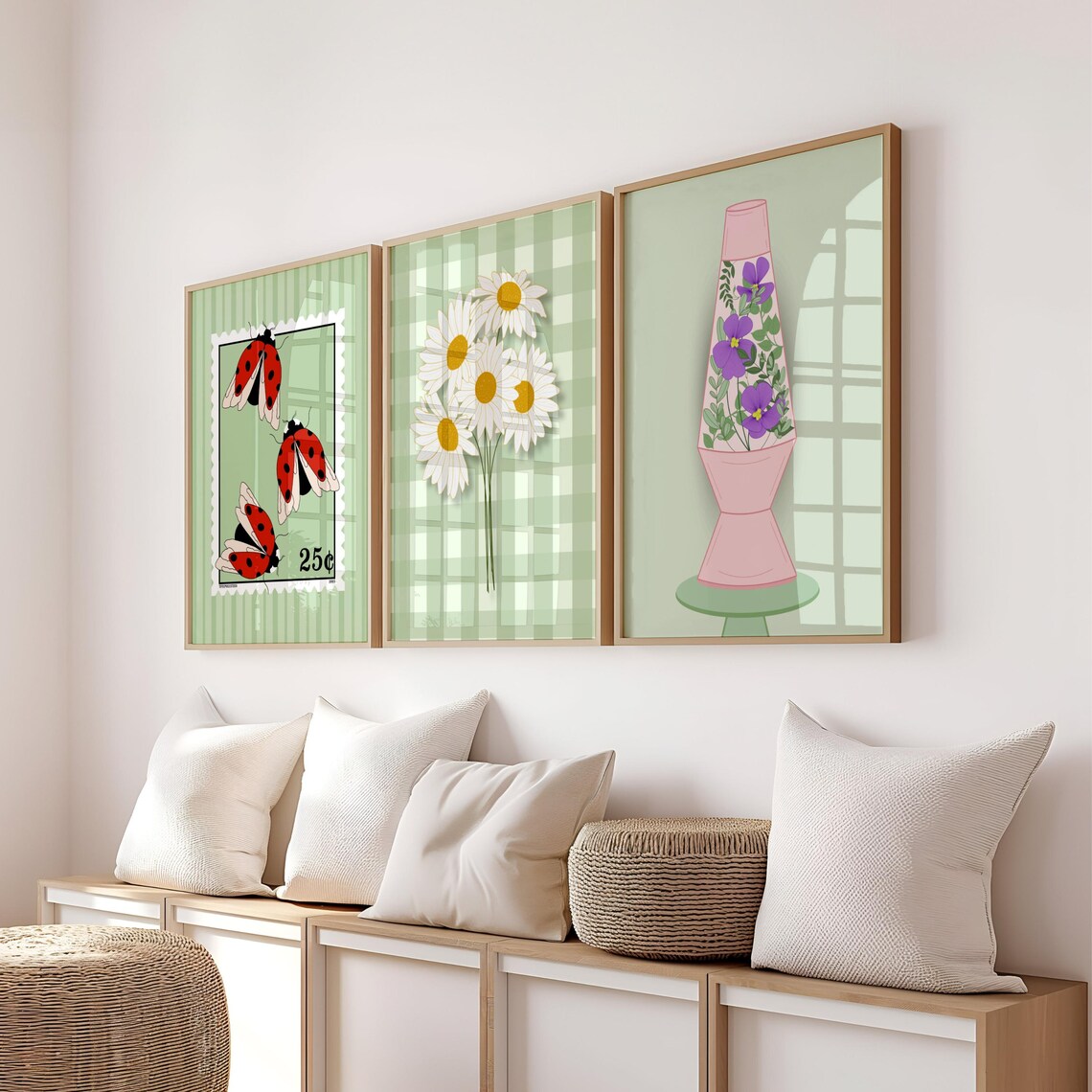 Sage Green Wall Art Set of 3, Cute Ladybug Print, Daisy Gingham Decor ...