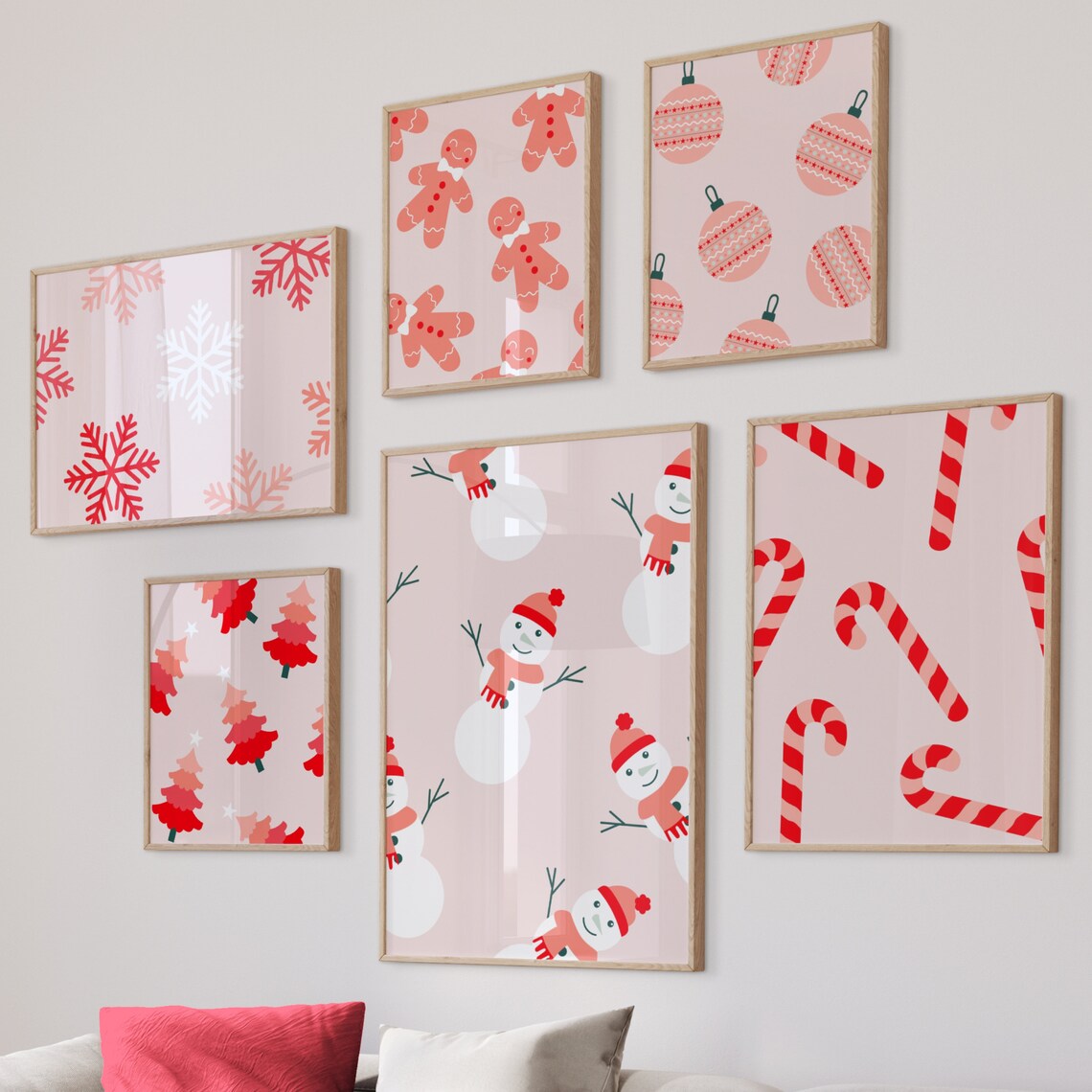 Pink Christmas Gallery Wall Set of 6 Prints, Cute Holiday Wall Art ...