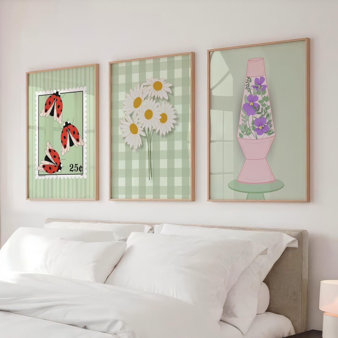 Sage Green Wall Art Set of 3, Cute Ladybug Print, Daisy Gingham Decor ...