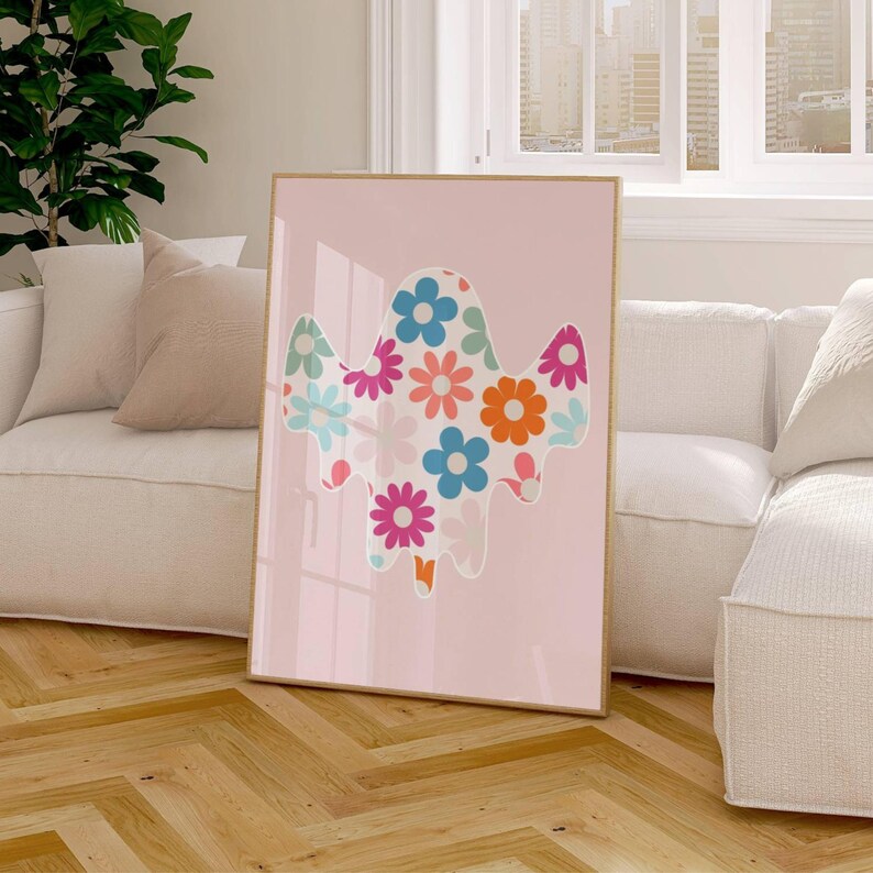 Pink Halloween Wall Art Printable, Floral Ghost Art Print for ...