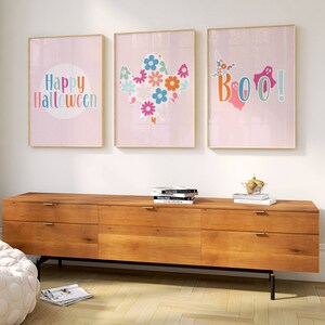 Pink Halloween Wall Art Set of 3, Floral Ghost Print, Cute Spooky Decor ...